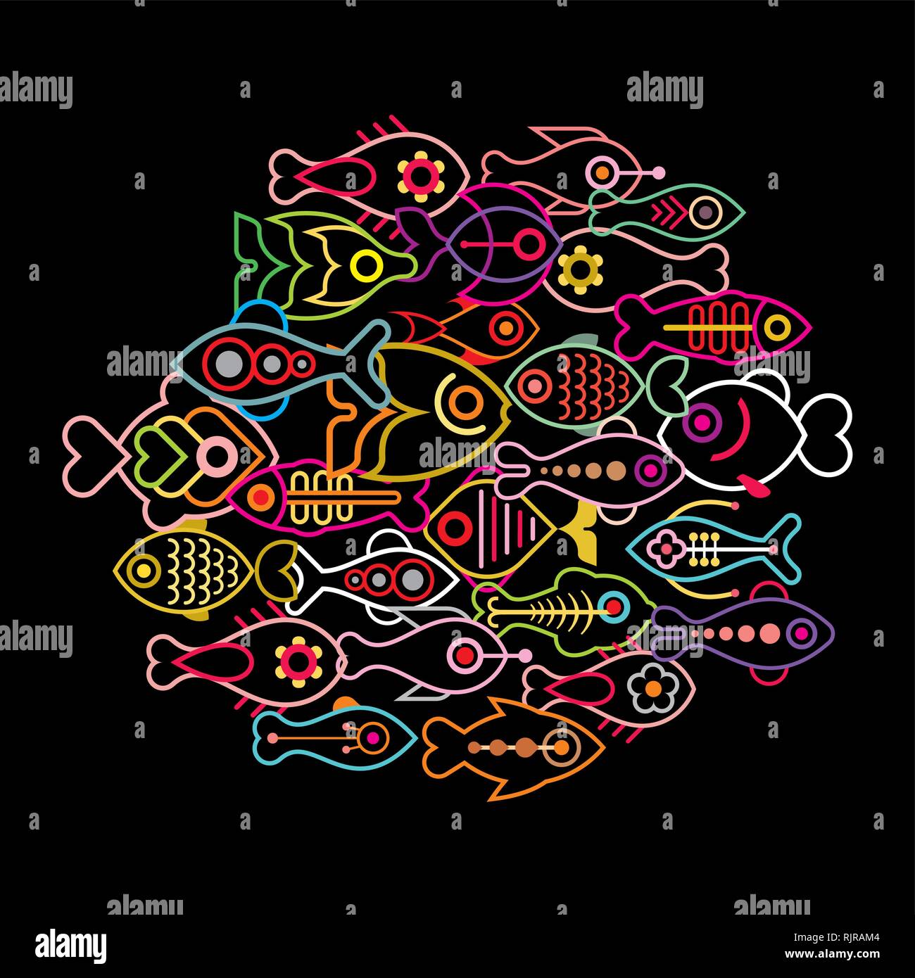 Colorful Exotic Fishes - isolated vector illustration on black ...