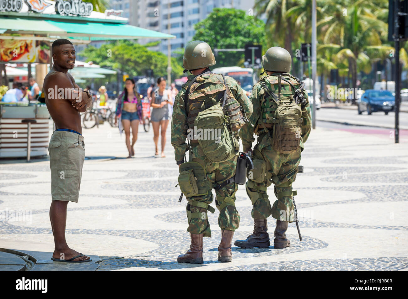 RIO DE JANEIRO - FEBRUARY 10, 2017: Two Brazilian Army soldiers walk in ...
