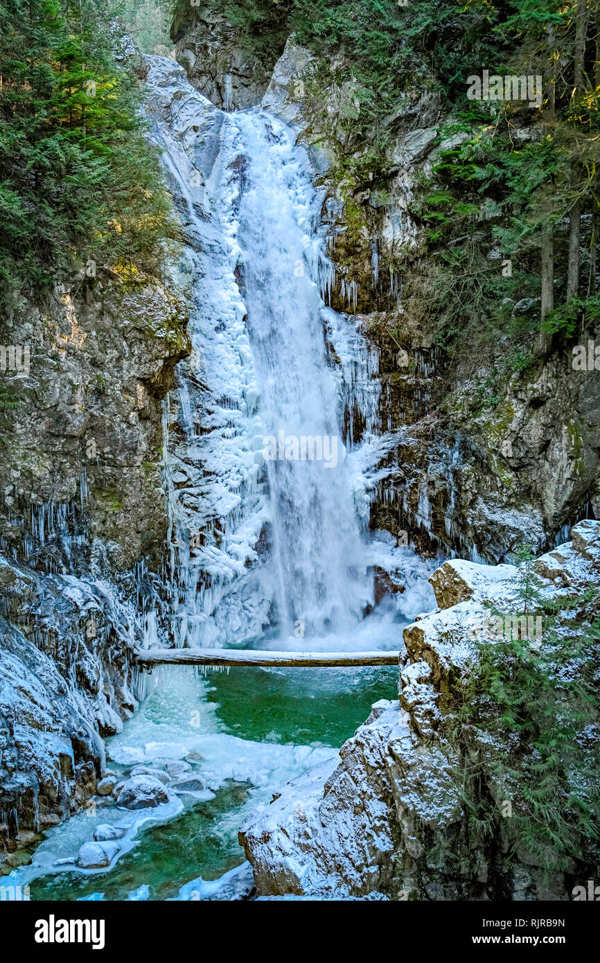 Waterfall, winter, Cascade Falls Regional P:ark, Fraser Valley, British ...