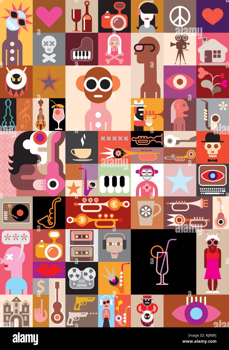 Art Collage with people portraits and many different images. Vector ...