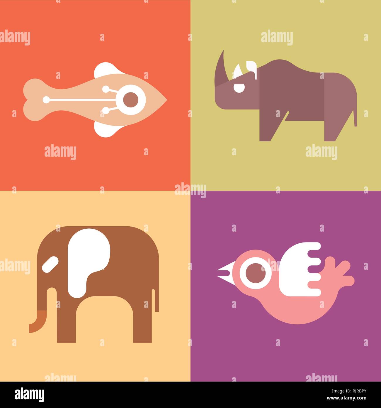 Fish, Bird, Elephant and Rhino - set of isolated vector icons. Can be ...