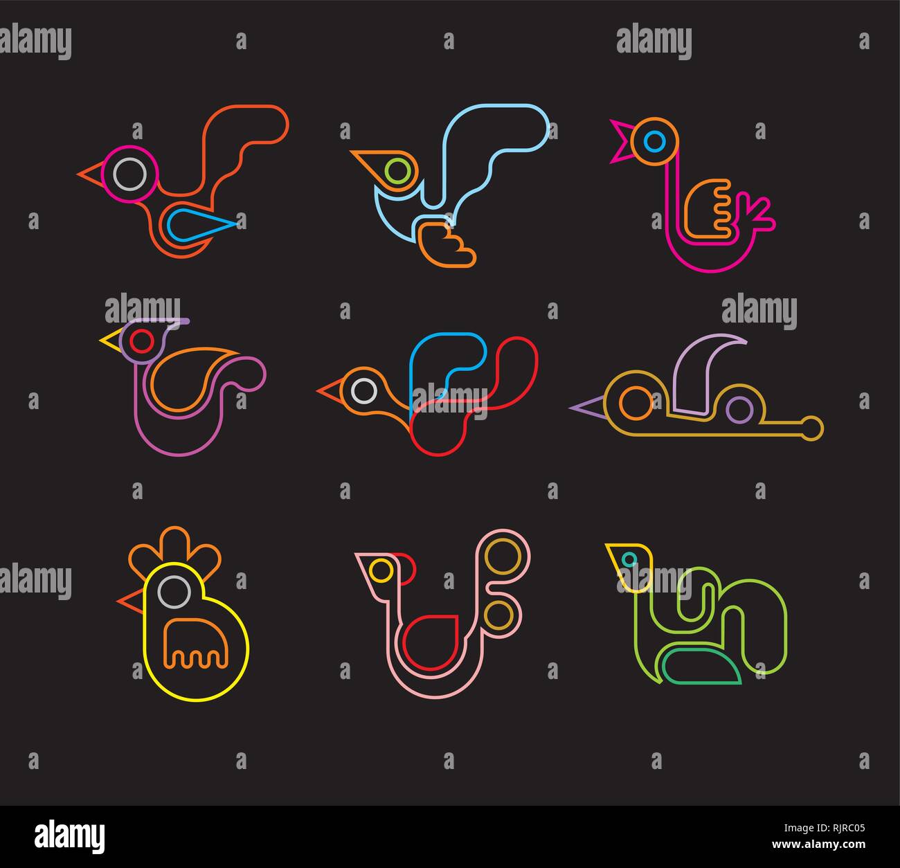 Neon Birds - set of vector icons. Isolated on black background. Can be ...