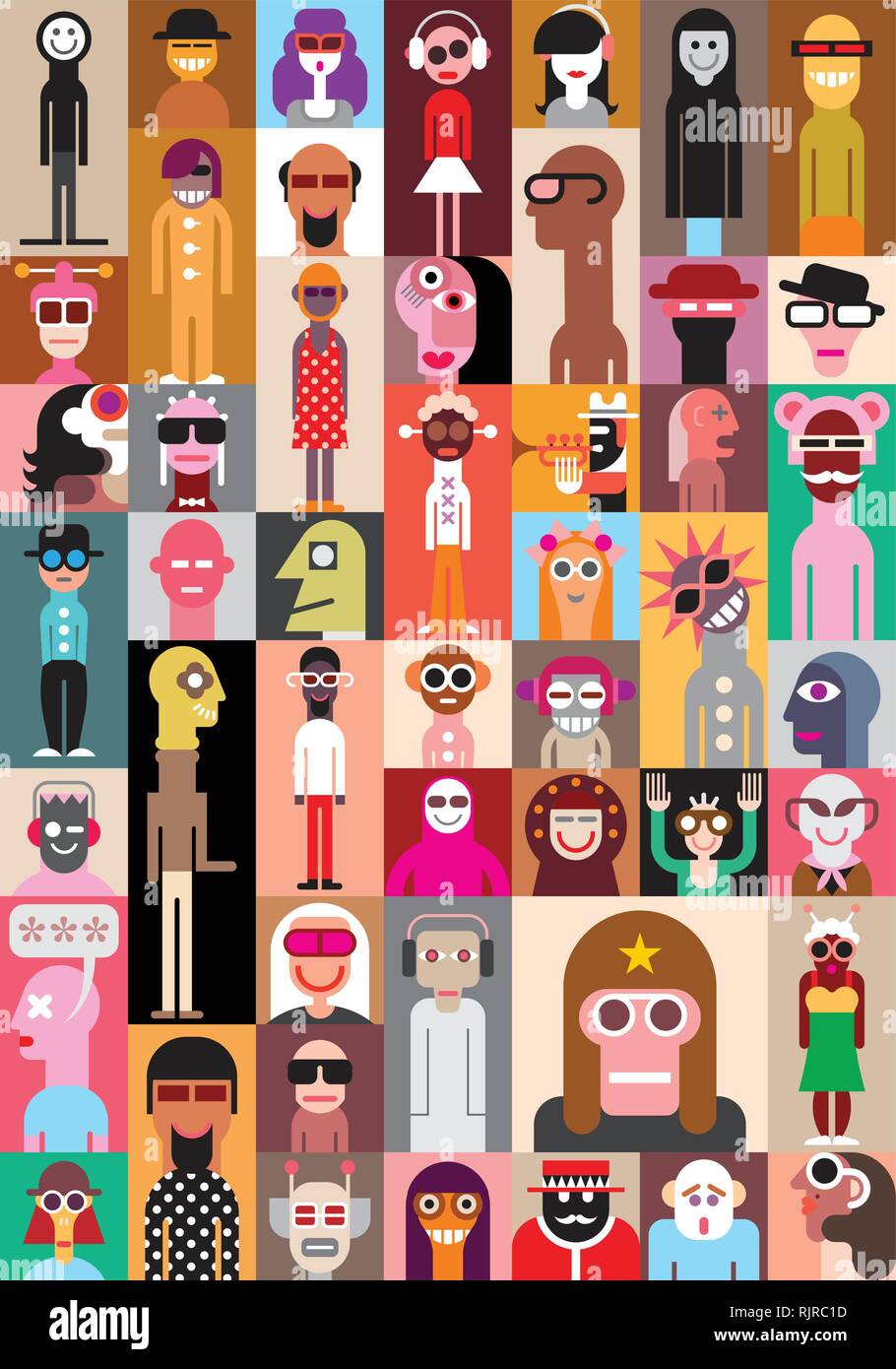 Large group of people. Art composition of abstract portraits - vector ...