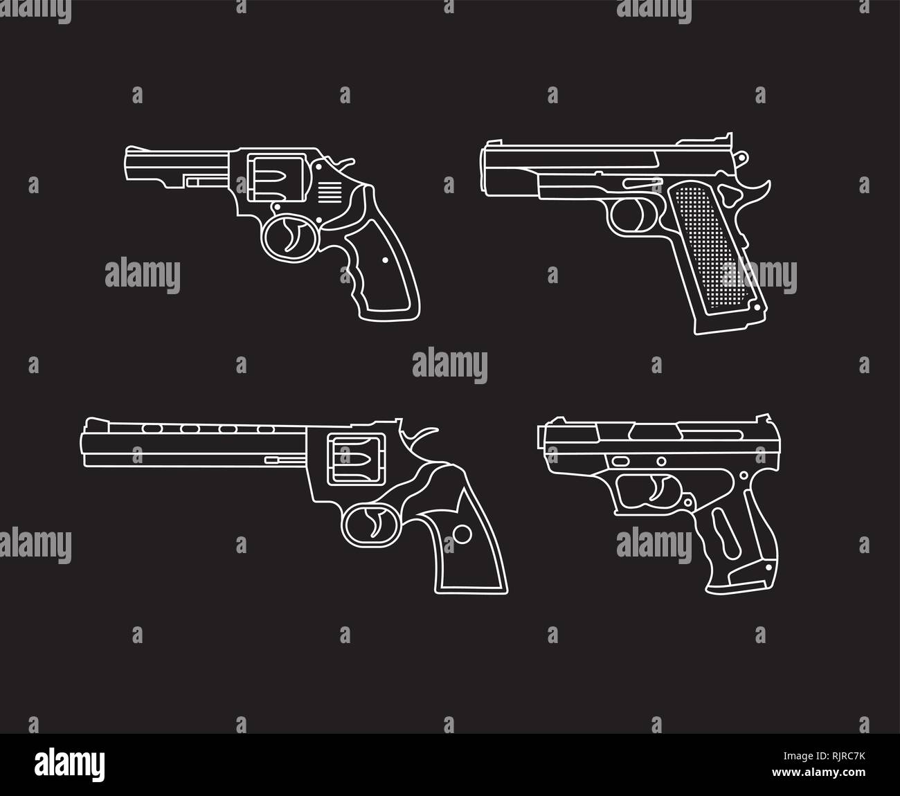 Handgun. Pistols and Revolvers - set of vector icons. Isolated on black ...
