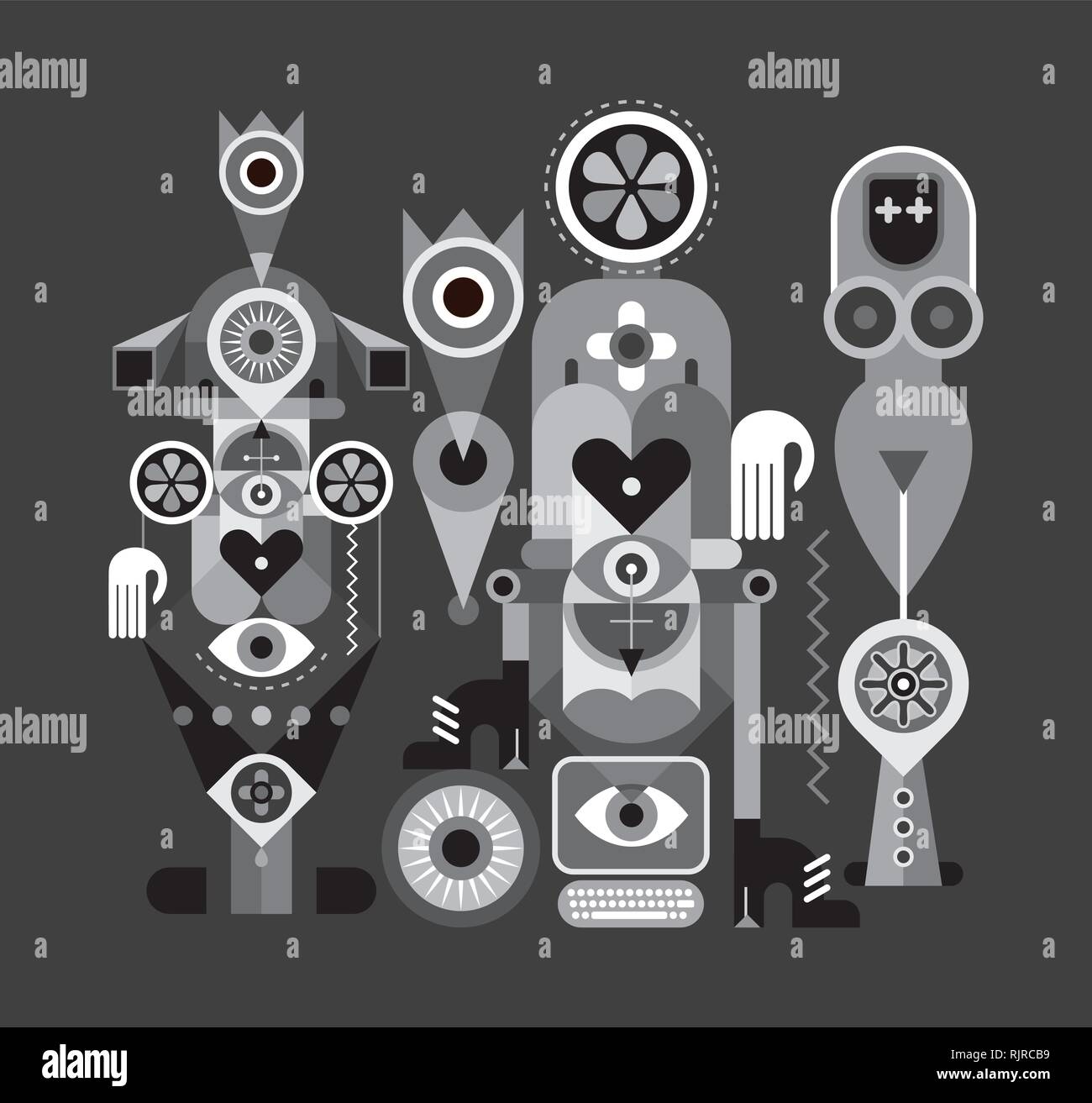 Art abstract composition with different objects and figures. Greyscale ...