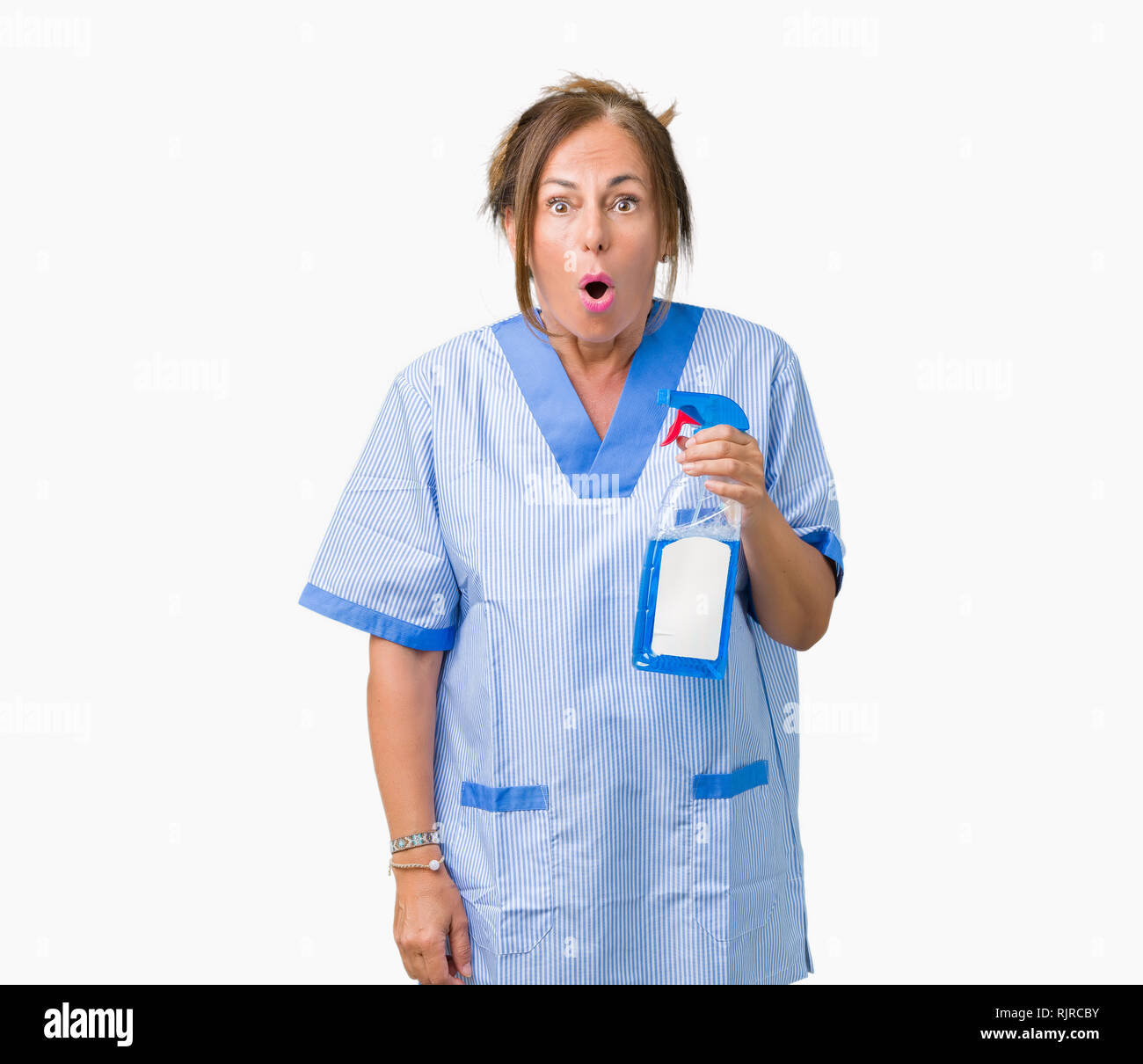 Middle age brunette cleaner woman wearing housework uniform over ...