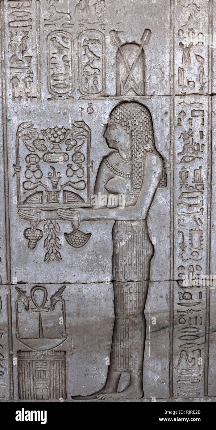 carving at the Temple of Hathor, Dendera, Egypt. The Goddess Neth ...