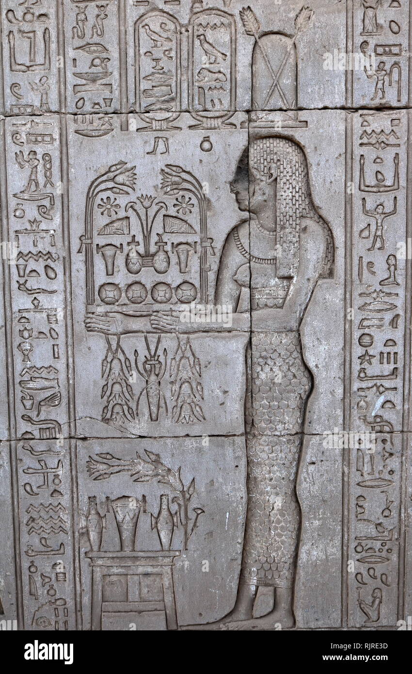 carving at the Temple of Hathor, Dendera, Egypt. The Goddess Neth ...