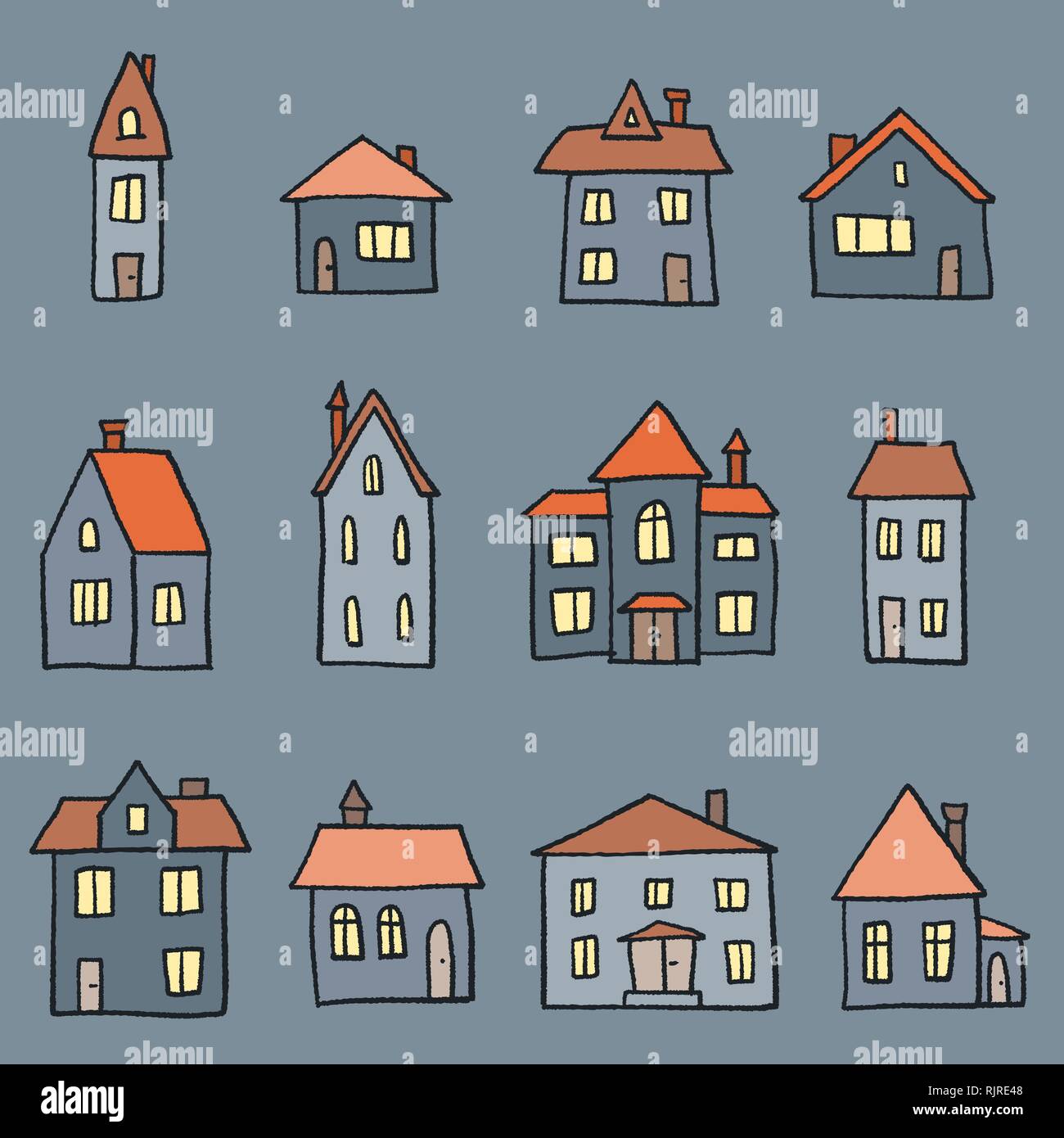 Night cartoon home set - cute doodle style vector illustration Stock ...