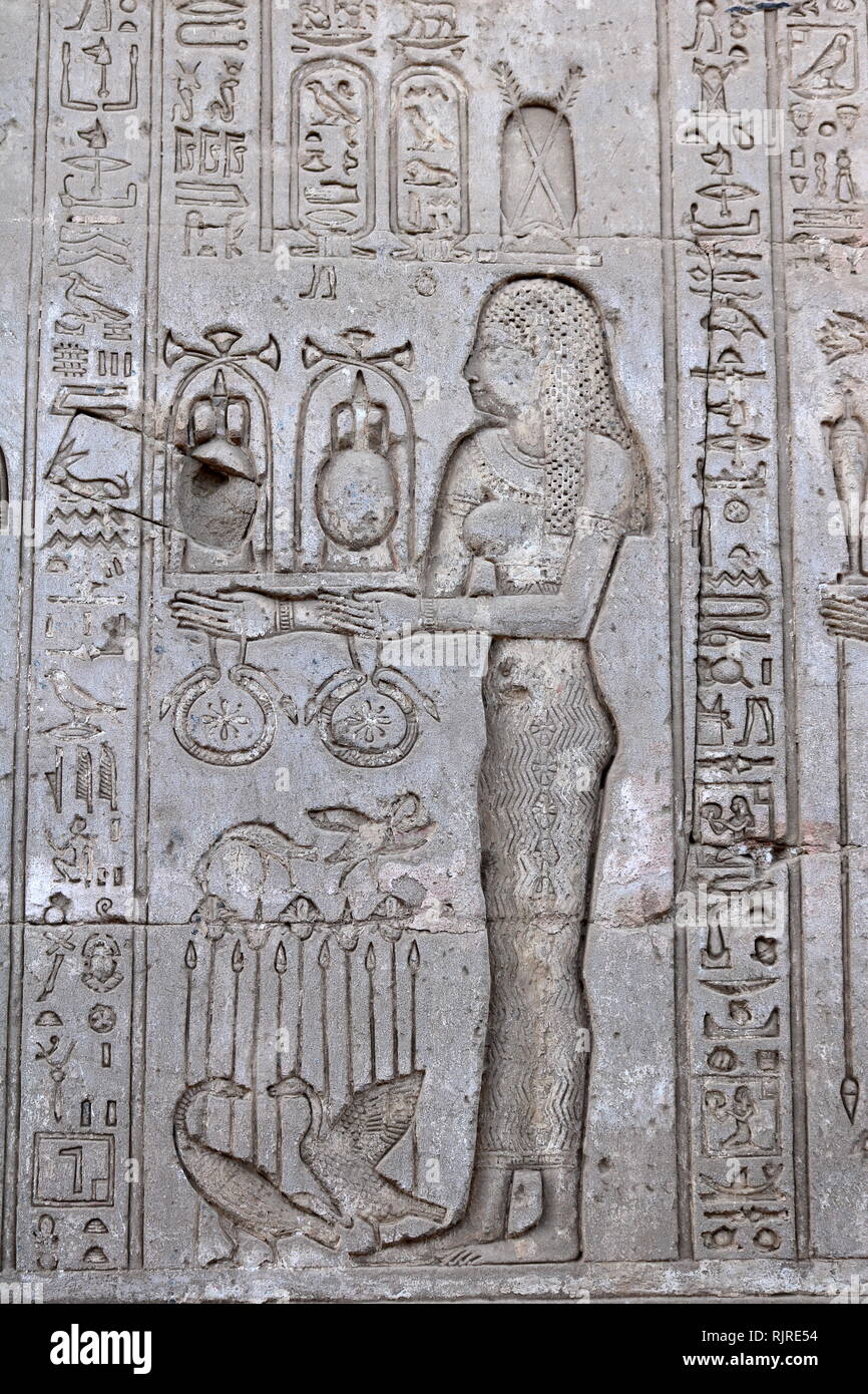 carving at the Temple of Hathor, Dendera, Egypt. The Goddess Neth ...