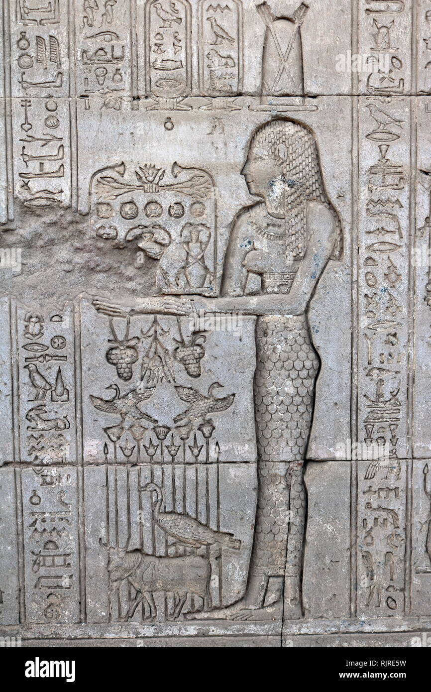 carving at the Temple of Hathor, Dendera, Egypt. The Goddess Neth ...