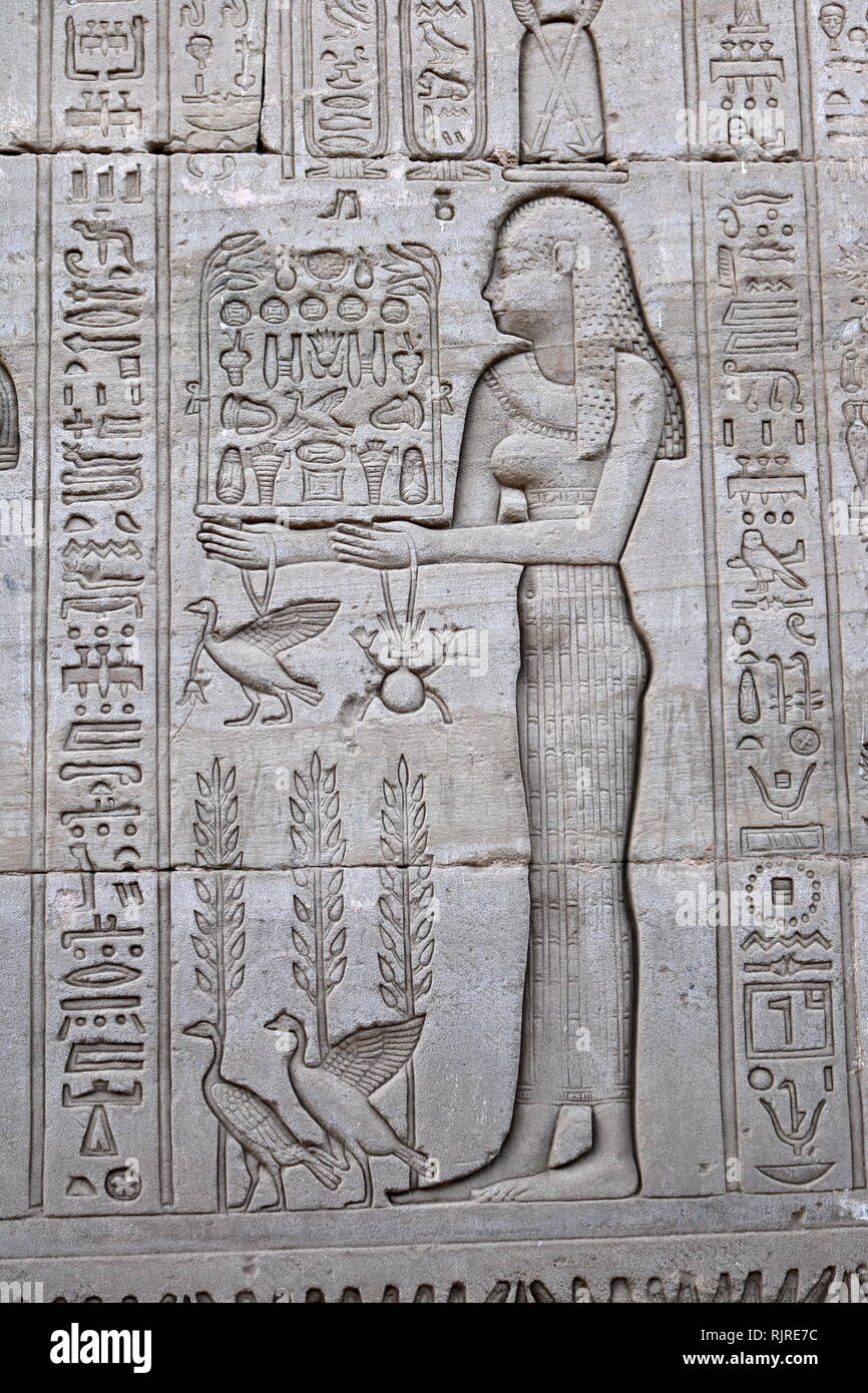 carving at the Temple of Hathor, Dendera, Egypt. The Goddess Neth ...