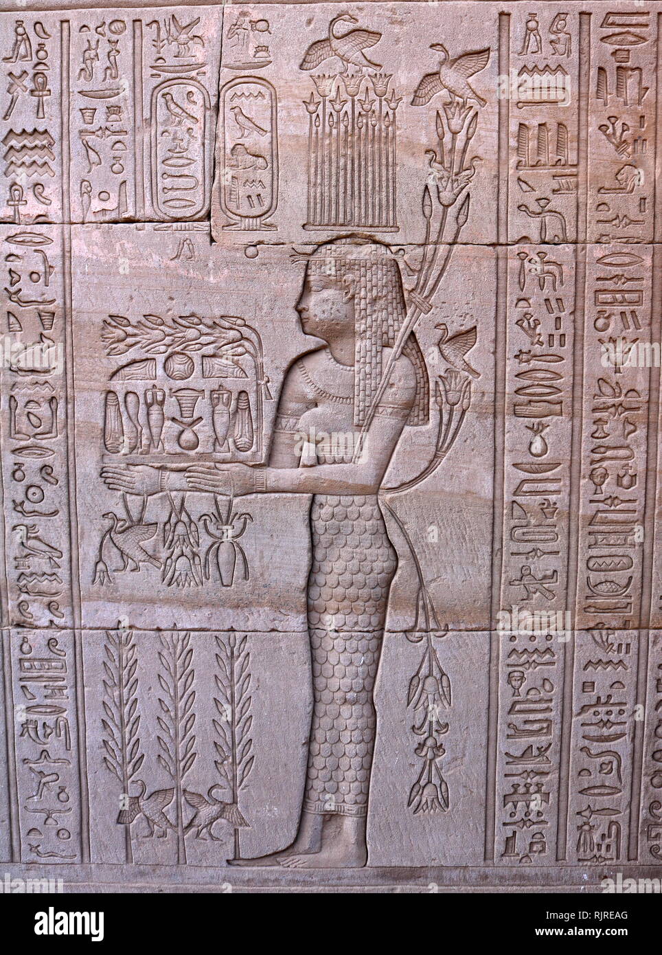 carving at the Temple of Hathor, Dendera, Egypt. The Goddess Neth ...