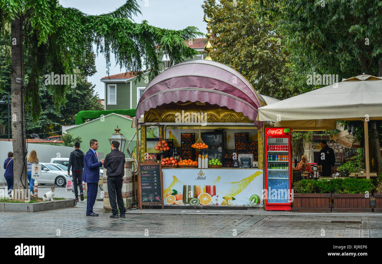 Istanbul, Turkey - Sep 27, 2018. Fruit juice shop on street in Istanbul ...