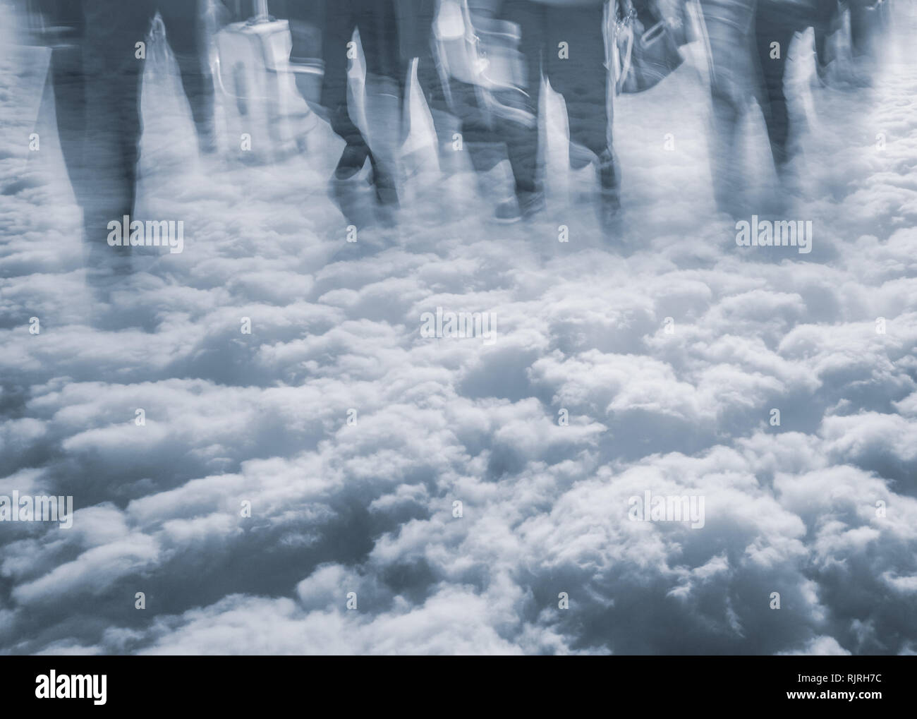 Double Exposure Of People Walking In The Clouds Travelling Or Rushing