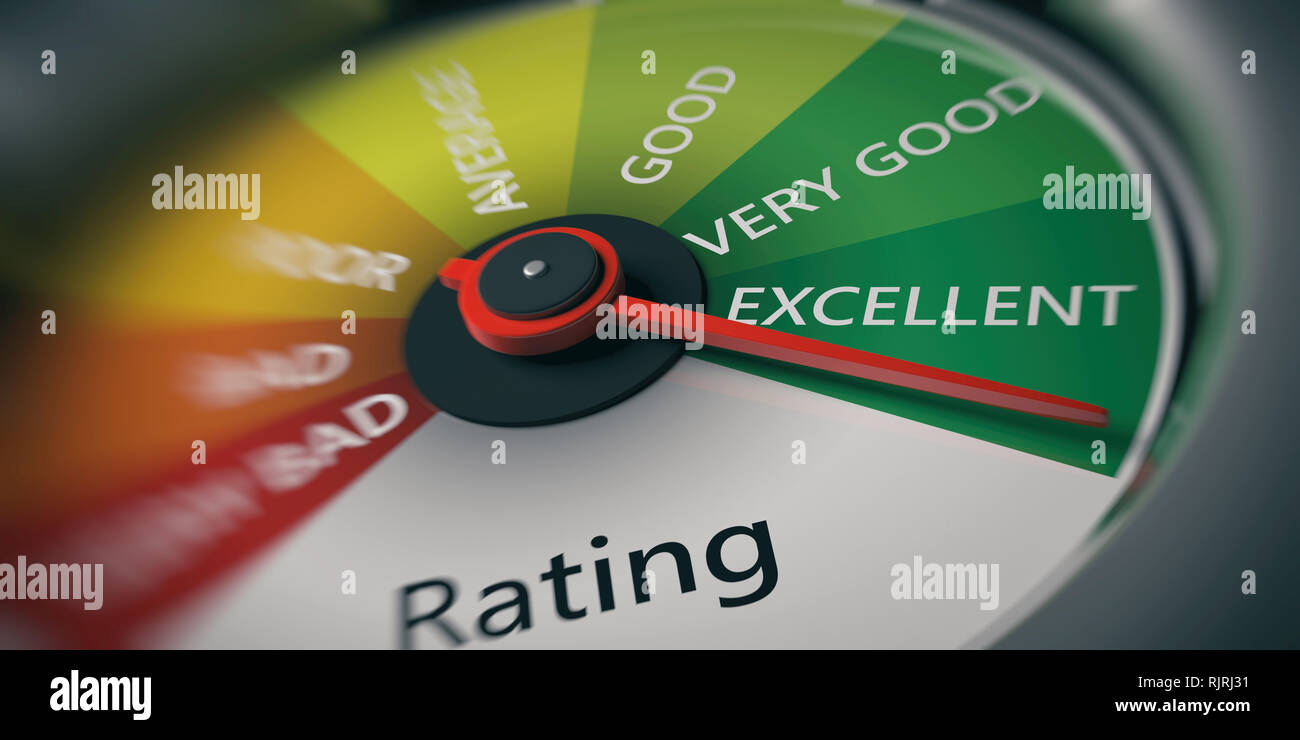 Rating, customer feedback concept. Car speedometer, excellent rating ...