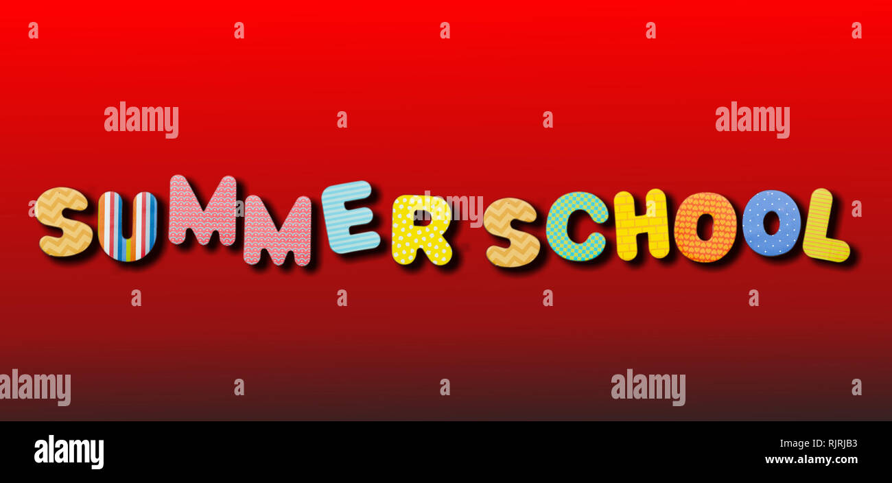 Summer school concept. Text with colorful letters on red color ...