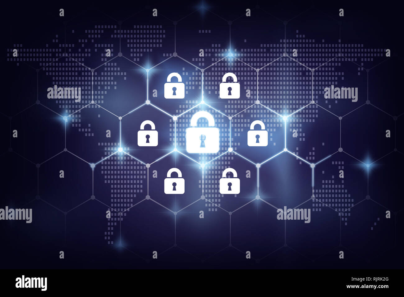 Security key lock icon digital display over the world map and Hexagon ...