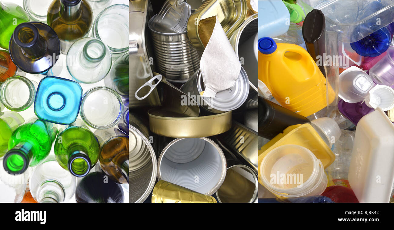 recycling glass, tin cans and plastic Stock Photo - Alamy