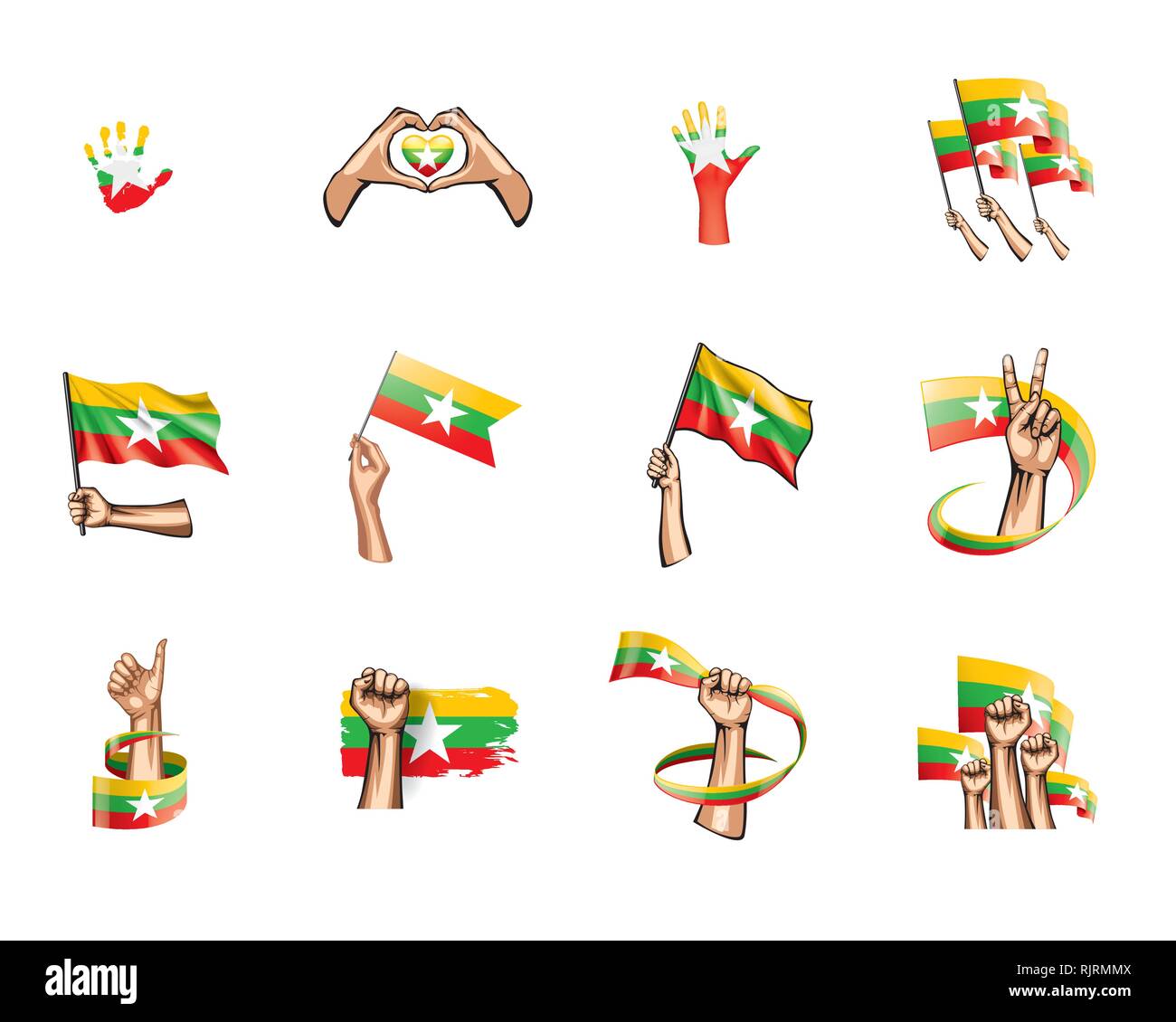 Myanmar flag and hand on white background. Vector illustration Stock ...