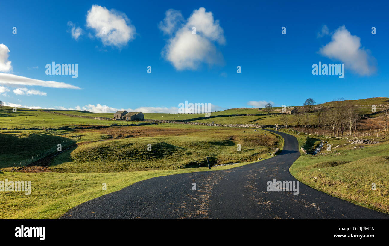 Malham Moor landscape looking stunning with blue sky, fluffy clouds and ...