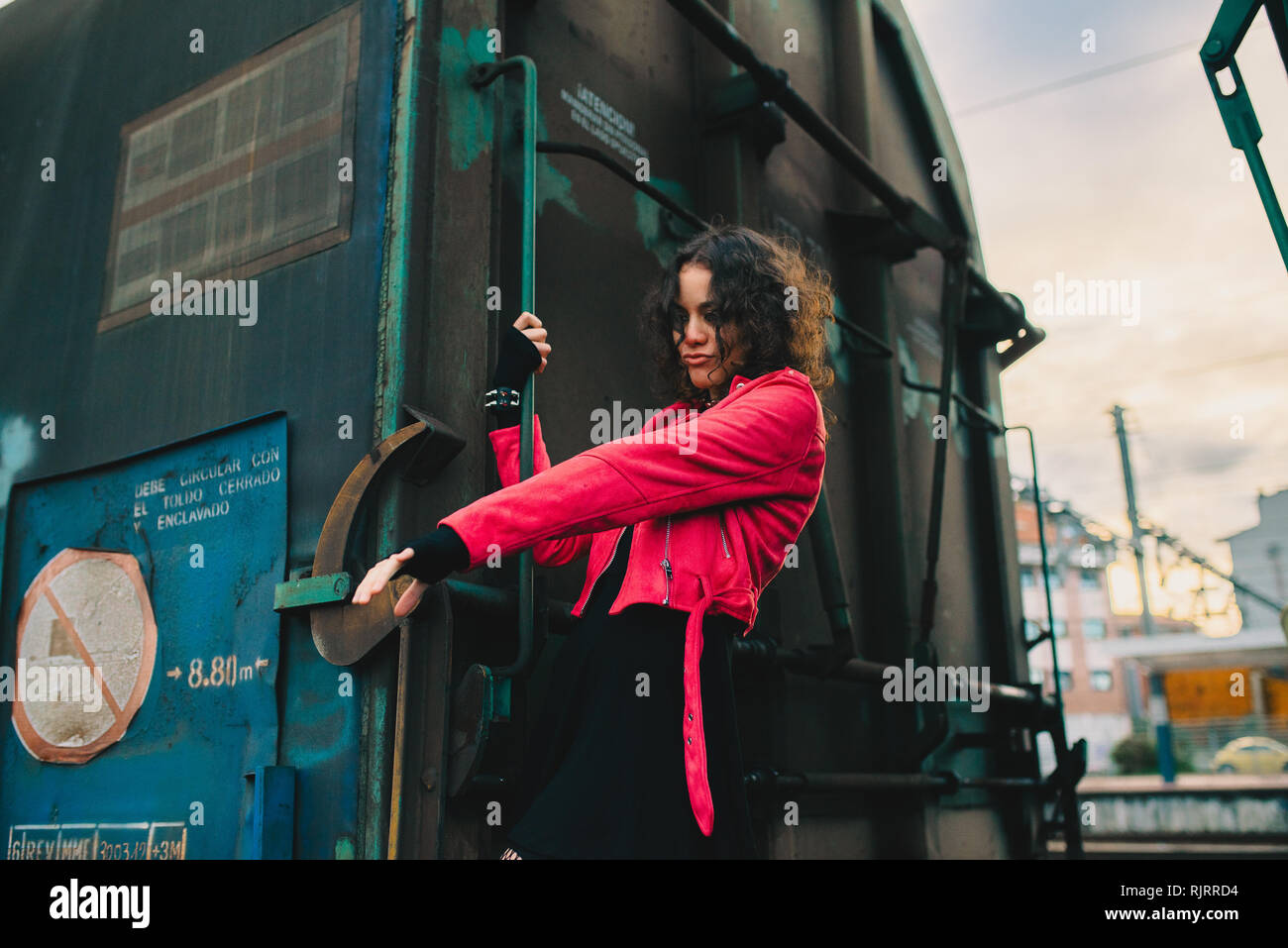 Woman standing on train Stock Photo - Alamy