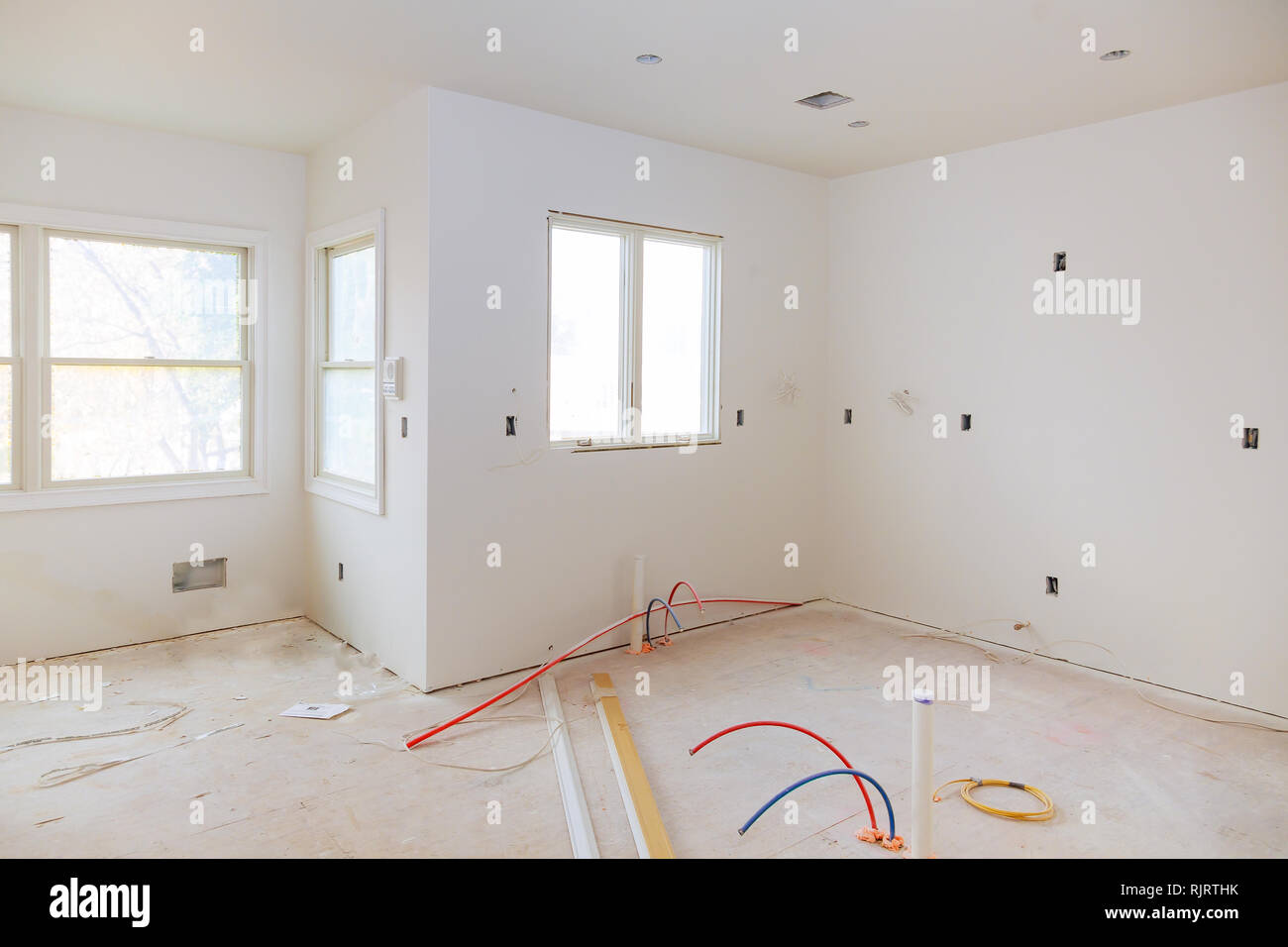 Interior construction of housing project with drywall installed door ...