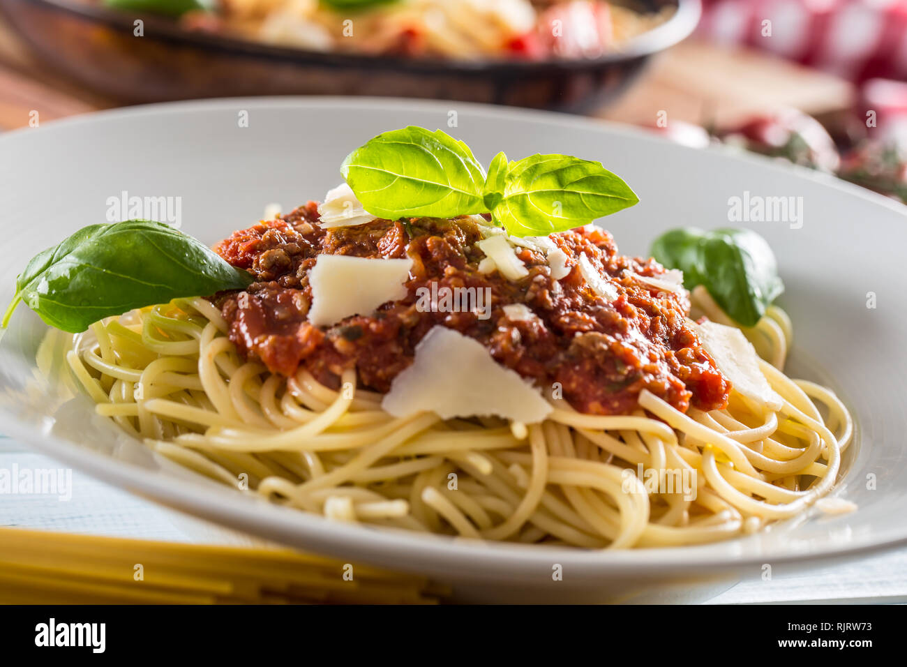 Close up italian pasta spaghetti bolognese in white plate Stock Photo ...