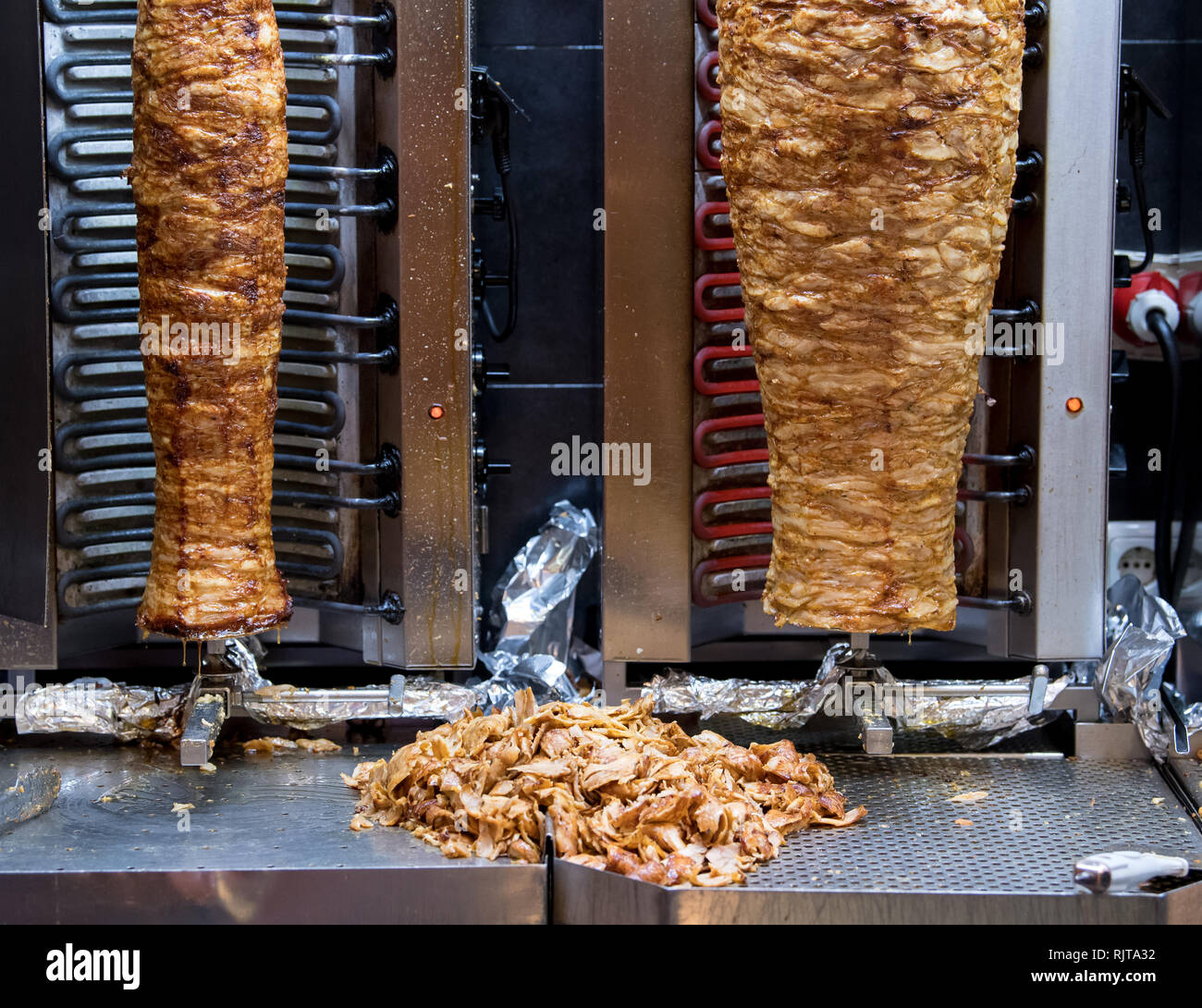 07 February 2019, Bavaria, München: Cut off kebab meat lies in a snack ...