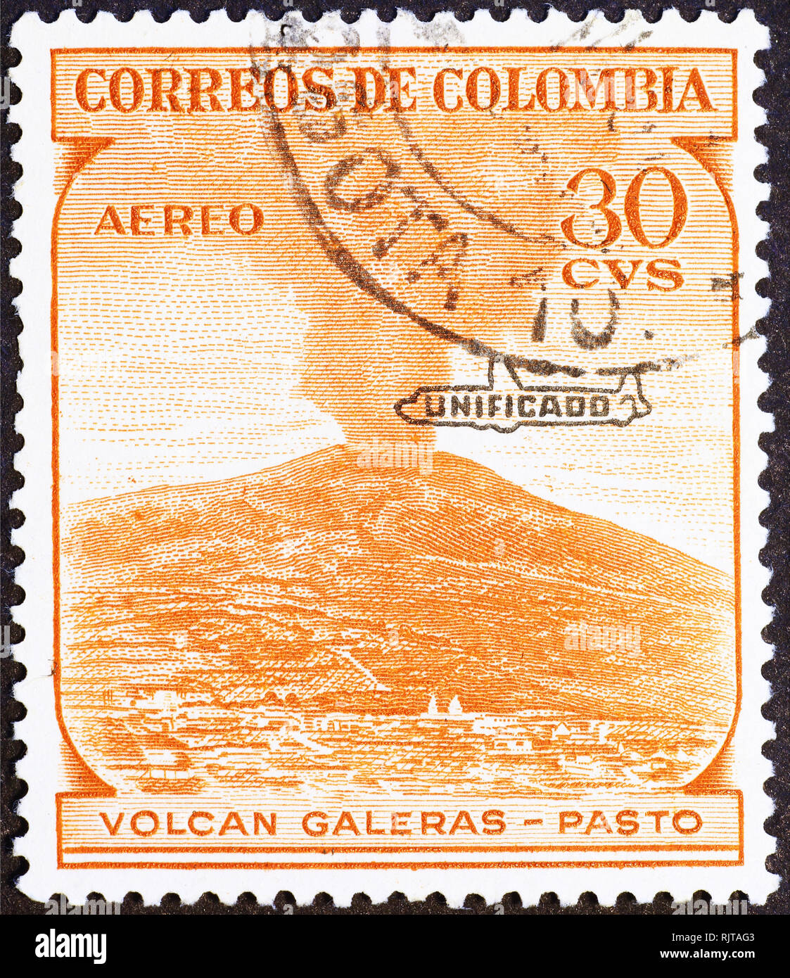 Volcano Galeras on vintage colombian postage stamp Stock Photo - Alamy