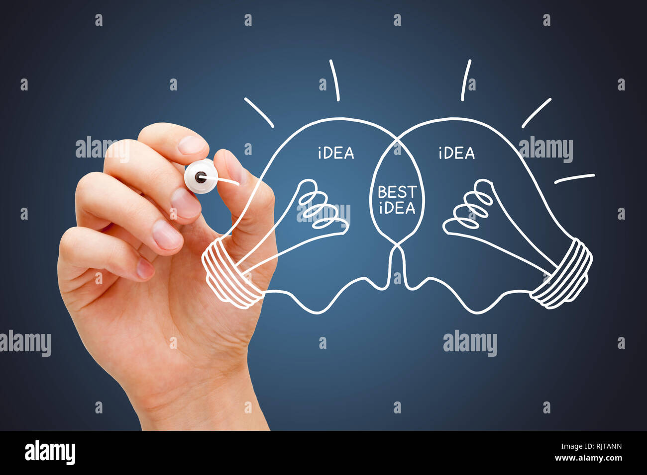 Hand drawing Best Idea light bulbs concept with white marker. Teamwork ...