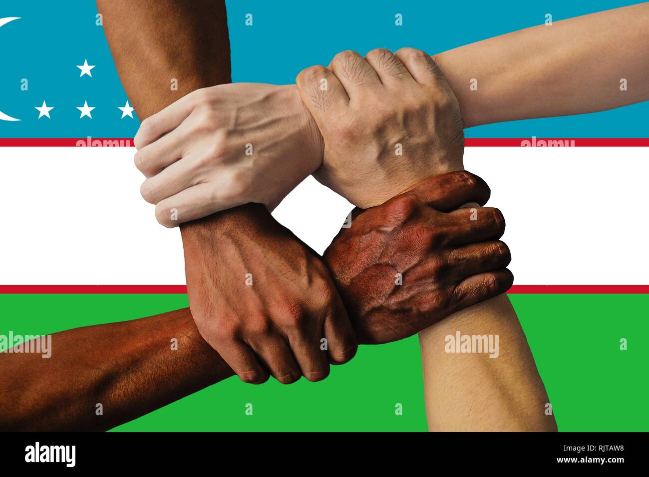 uzbekistan flag, intergration of a multicultural group of young people ...