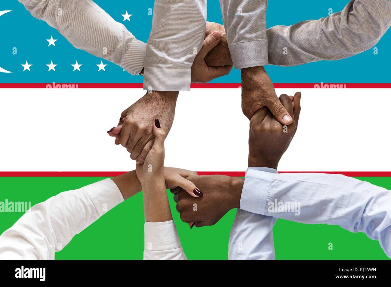 uzbekistan flag, intergration of a multicultural group of young people ...