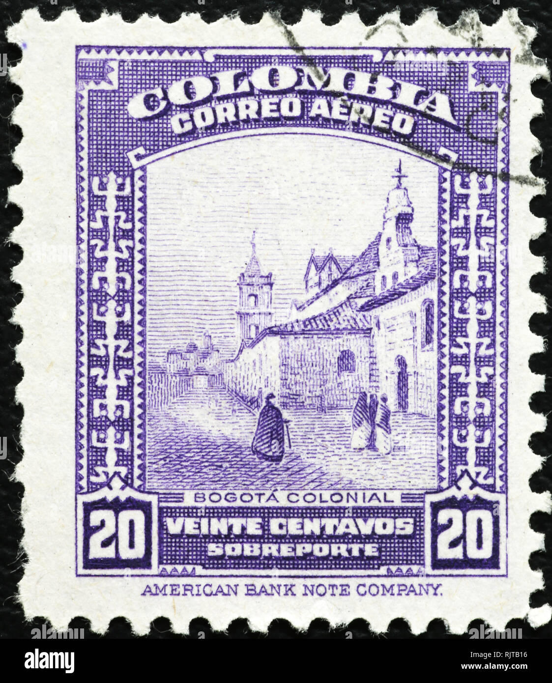 Colonial Bogota on old colombian postage stamp Stock Photo - Alamy