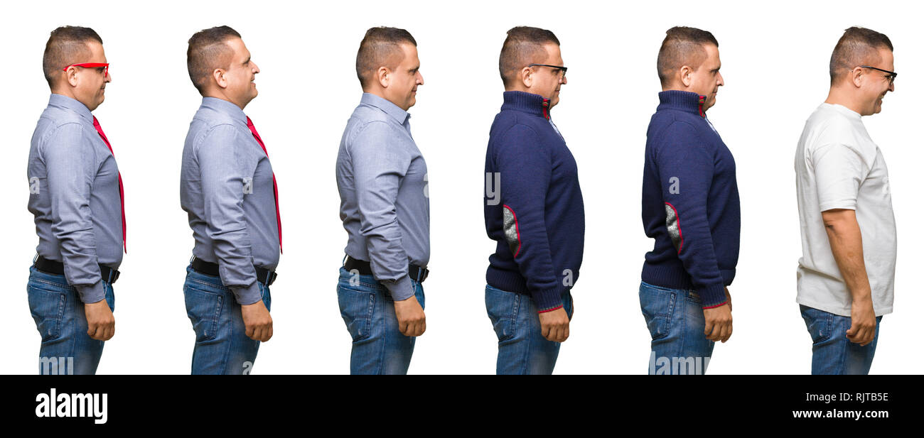 Composition of middle age arab man over isolated background looking to ...