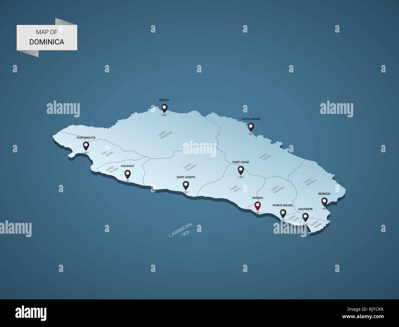 Isometric 3D Dominica map, vector illustration with cities, borders ...