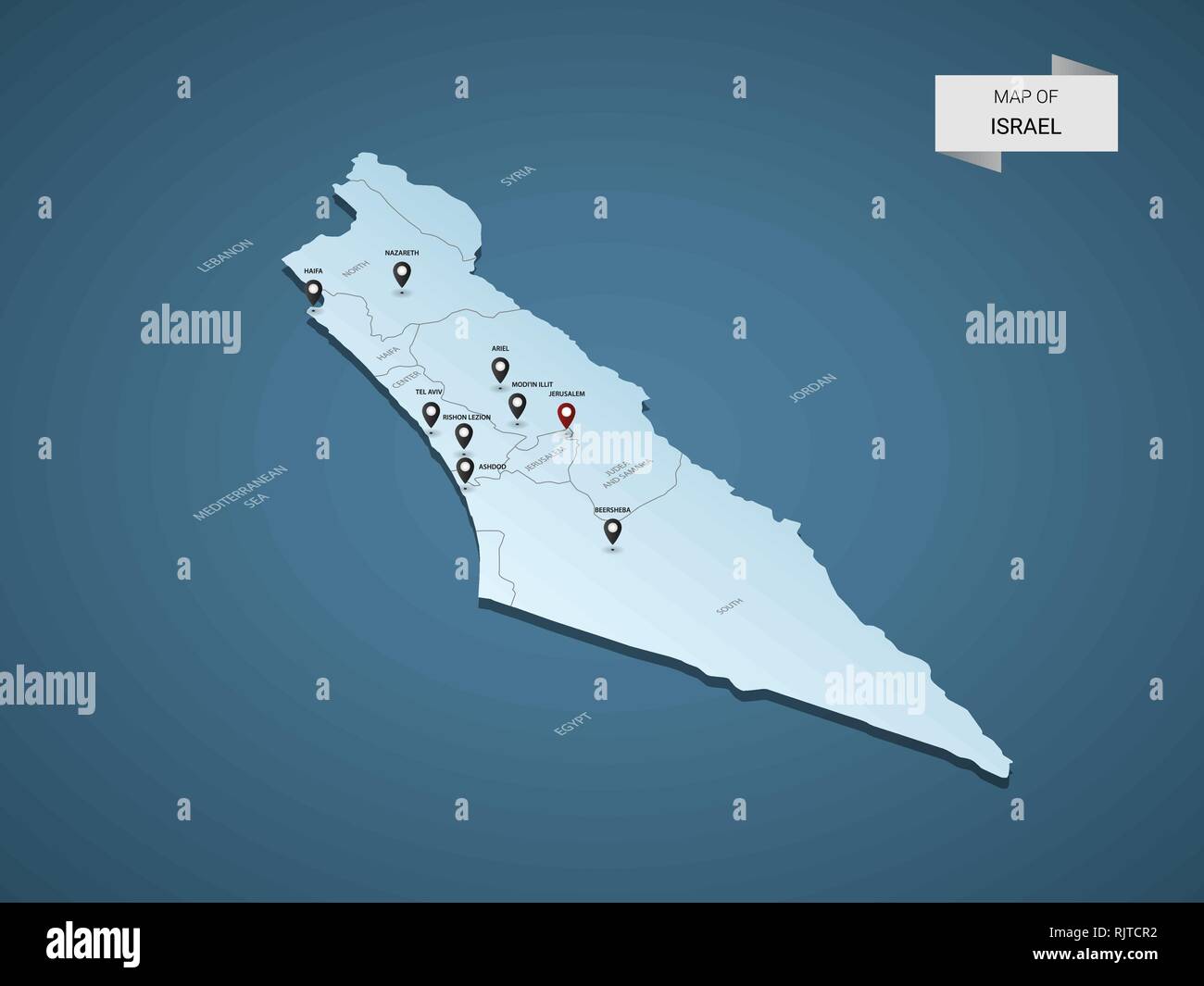 Isometric 3D Israe map, vector illustration with cities, borders ...