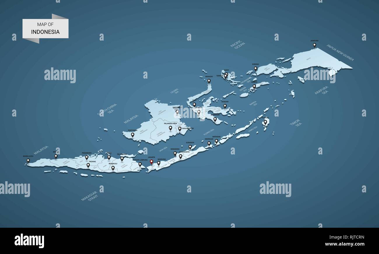 Isometric 3D Indonesia map, vector illustration with cities, borders ...