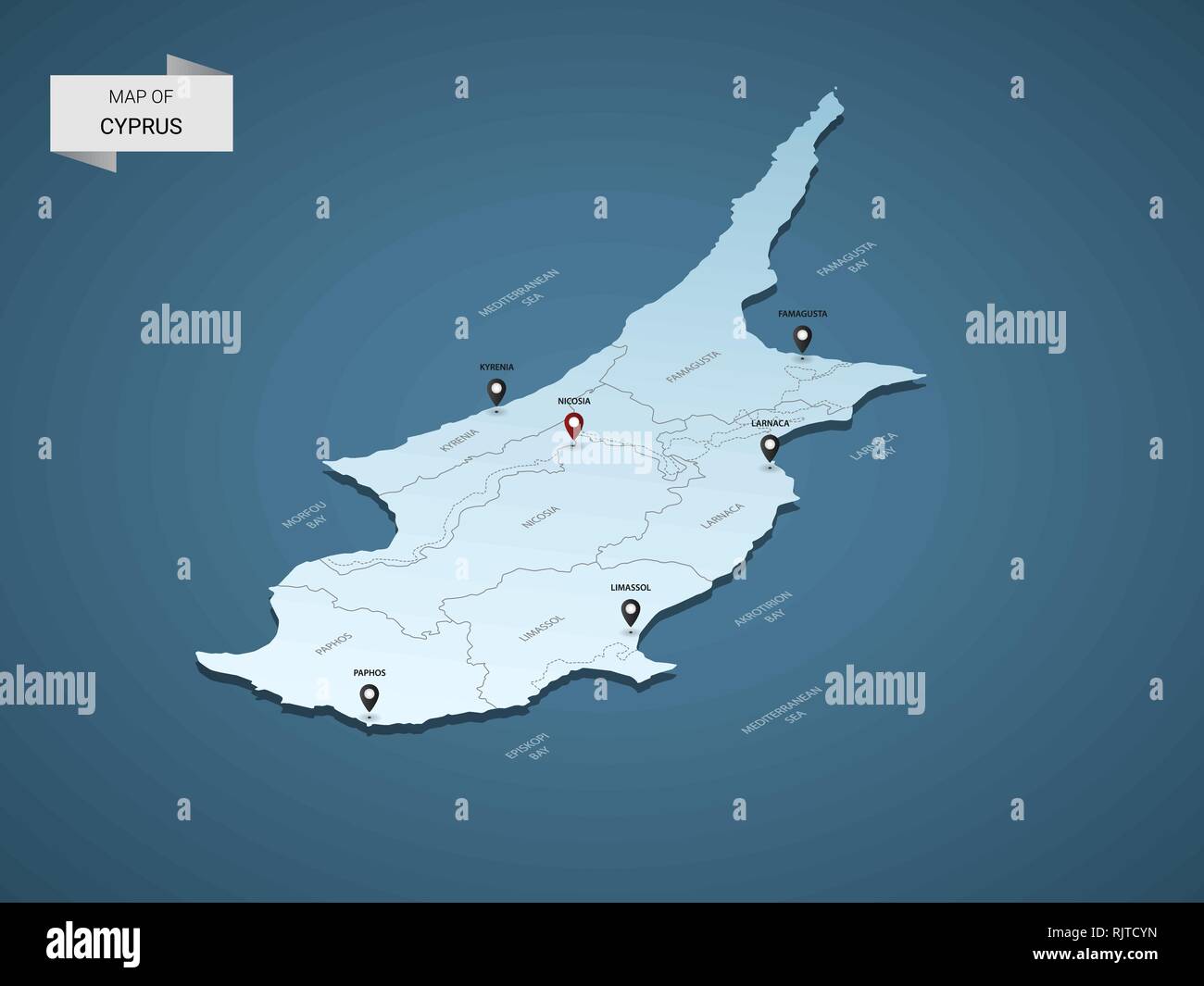 Isometric 3D Cyprus map, vector illustration with cities, borders ...