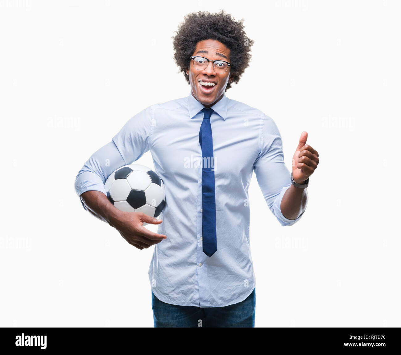 Afro american manager man holding soccer ball over isolated background ...