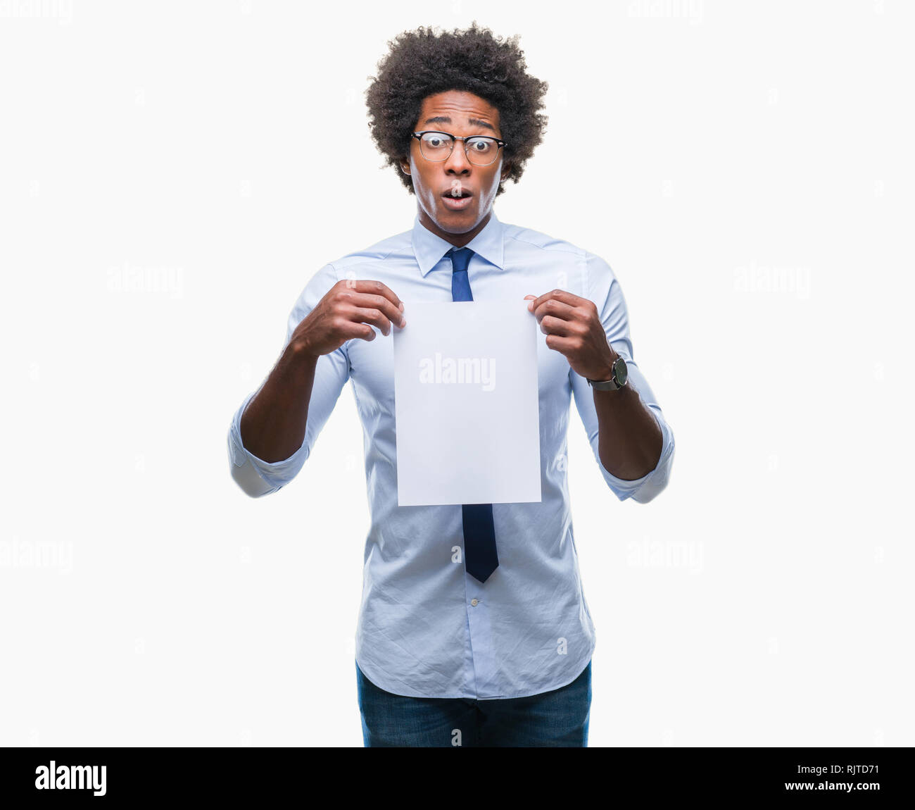 Afro american man holding blank paper contract over isolated background ...