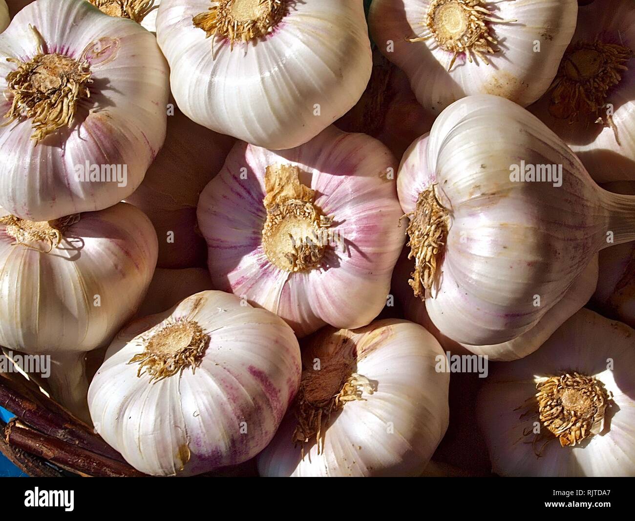 Fresh whole garlic tubers at a street market in the sun Stock Photo - Alamy
