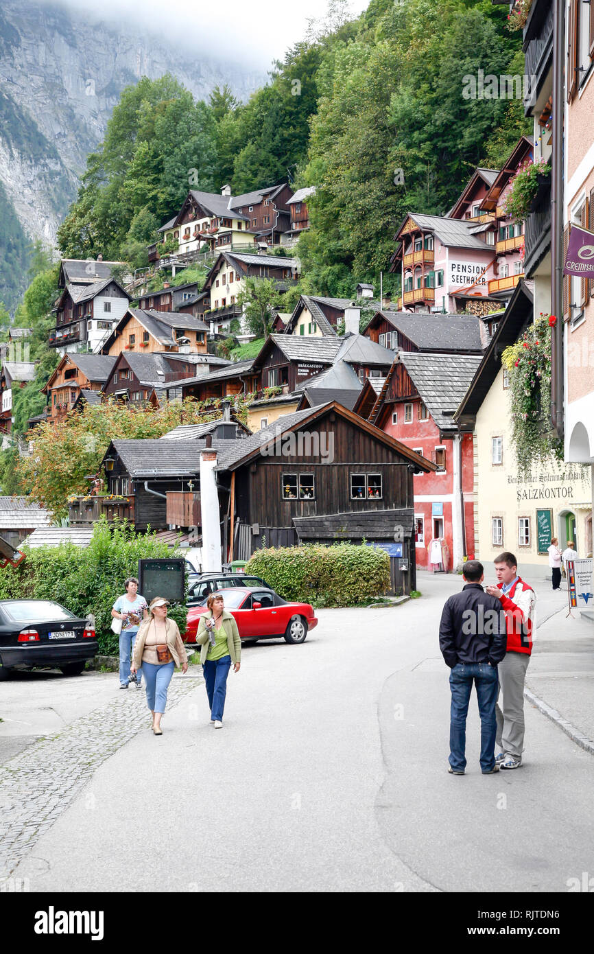 ul house with flower in Hallstatt, Austria, Salzkammergut Stock Photo ...