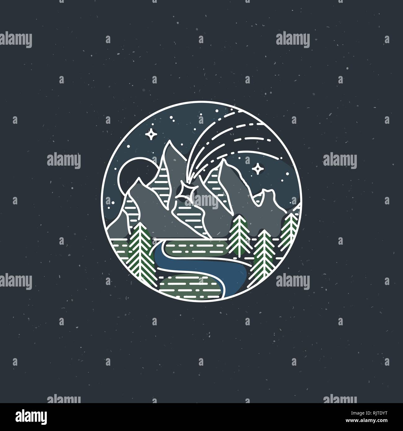 Night mountains with starfall. Nature exploration vector vintage poster ...