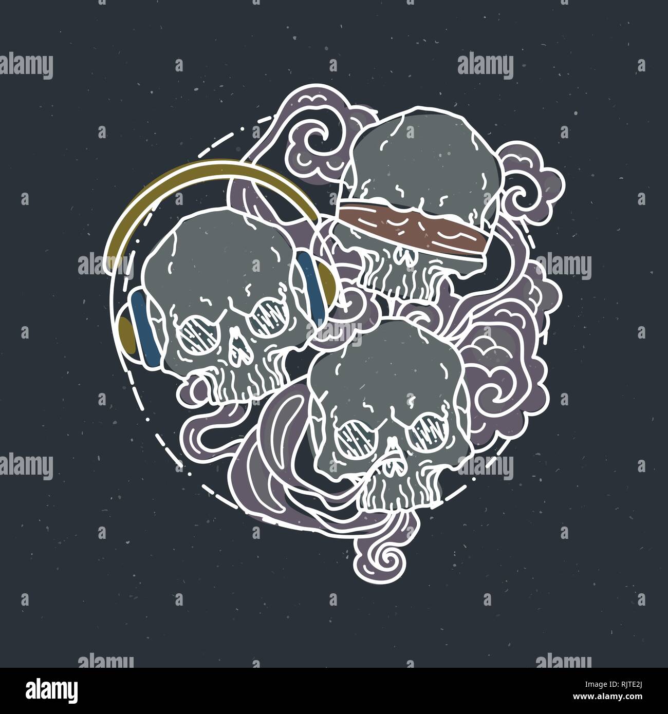 Composition of three skulls. Vector illustration of color tattoo ...