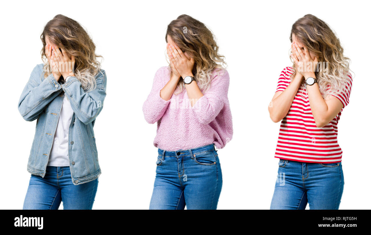 Collage of young beautiful blonde girl over isolated background with ...