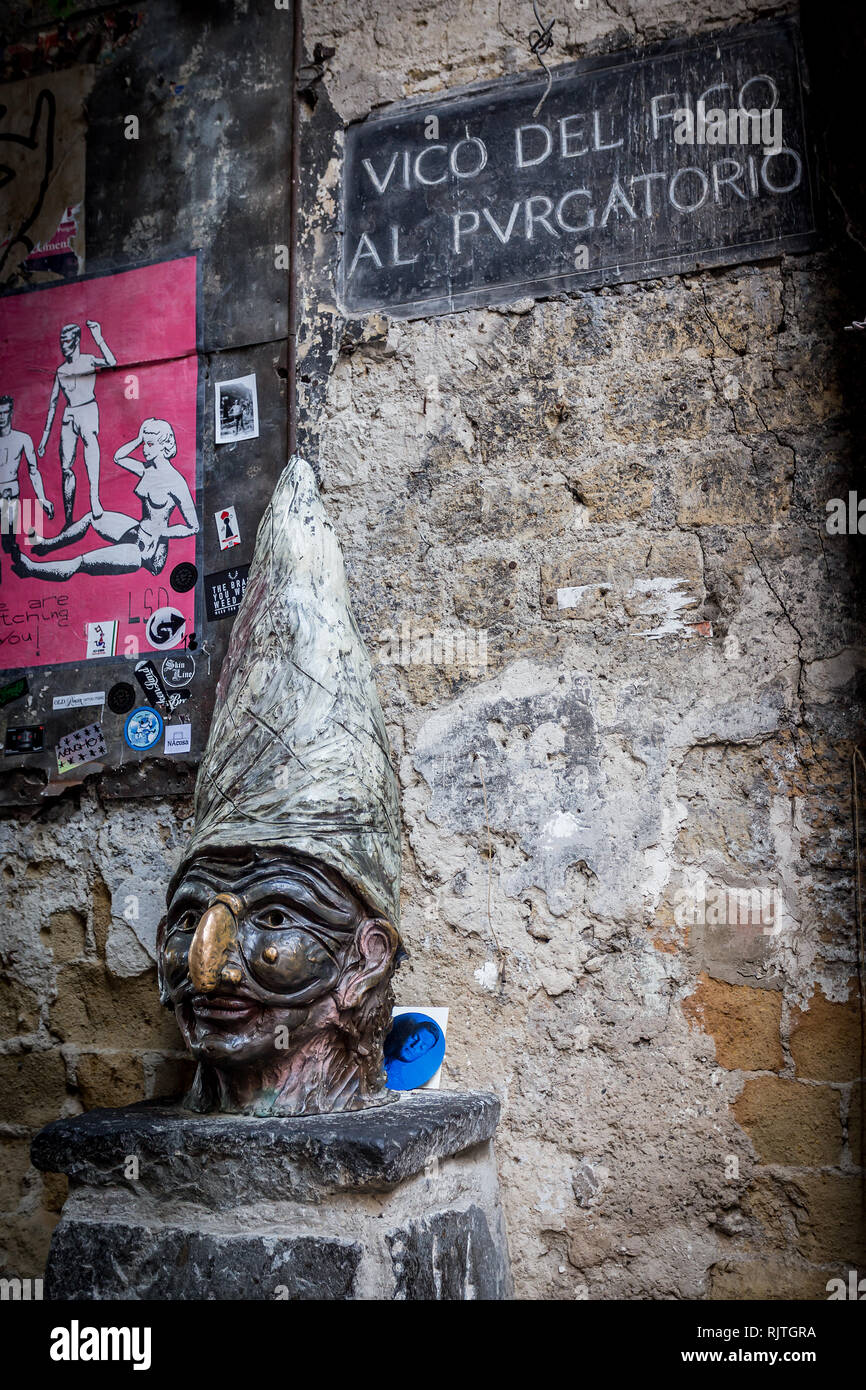 Traditional mask with face of Pulcinella in "Spaccanapoli Streets" in ...