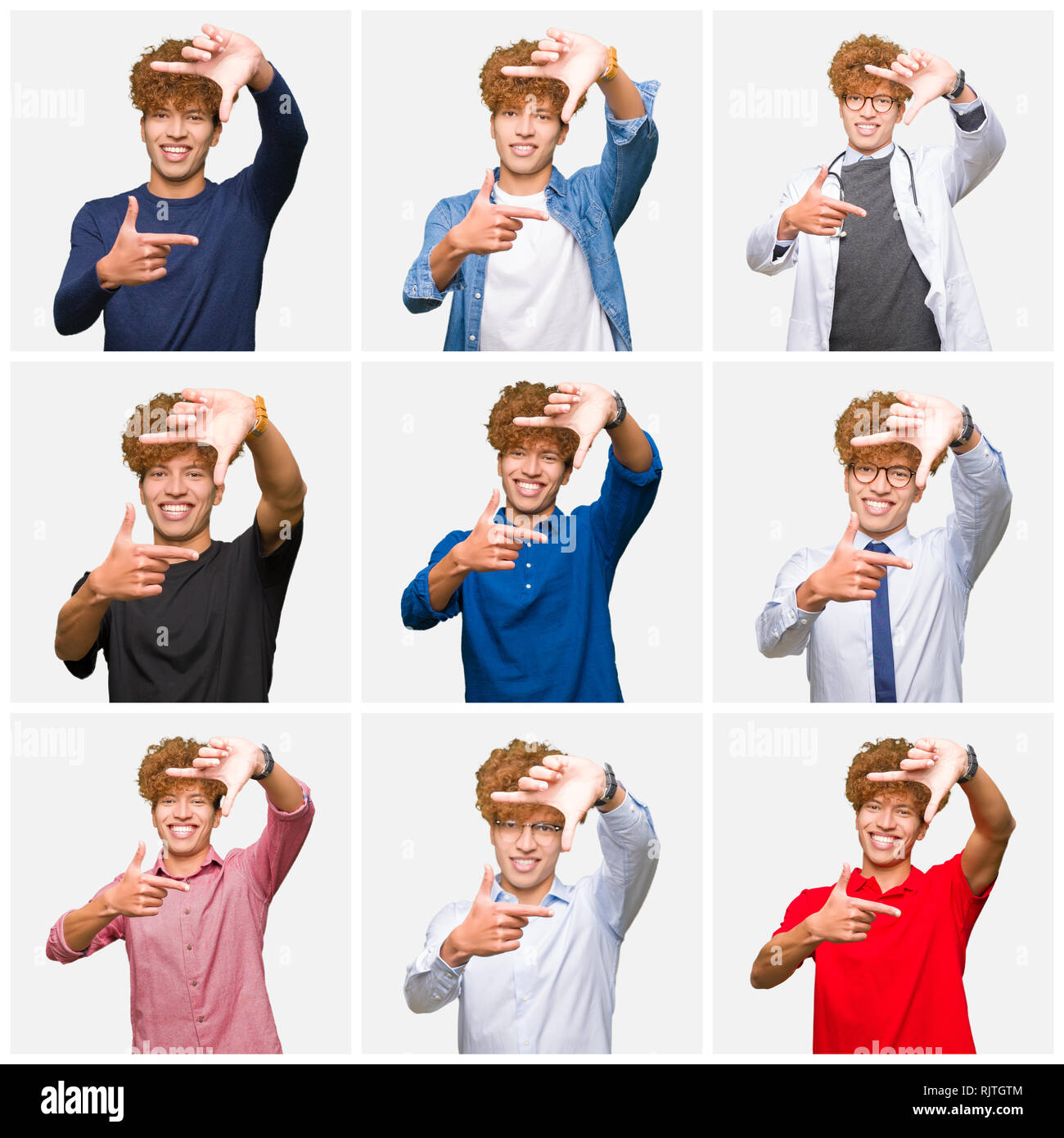 Collage of young man wearing different looks over isolated white ...