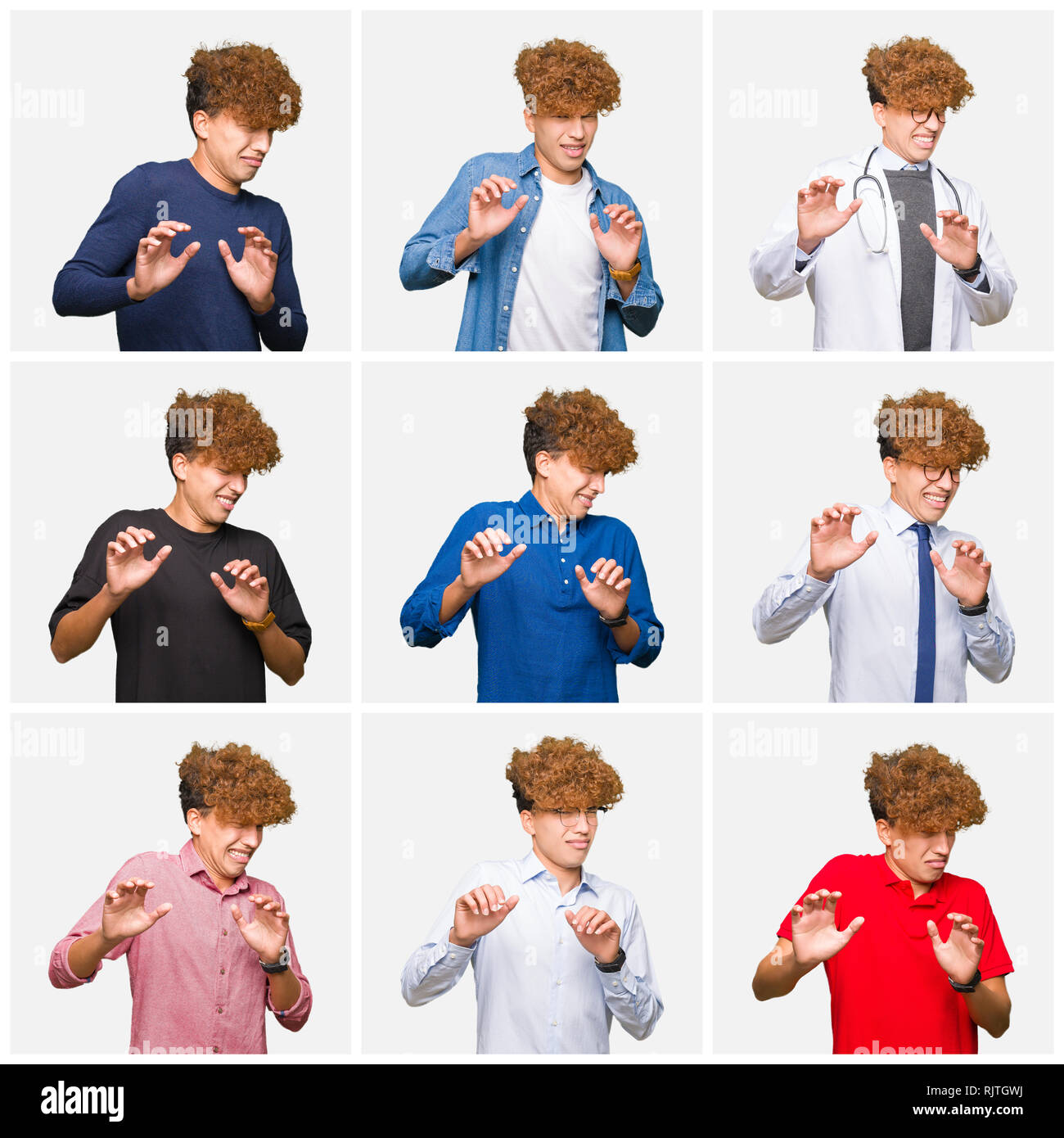 Collage of young man wearing different looks over isolated white ...