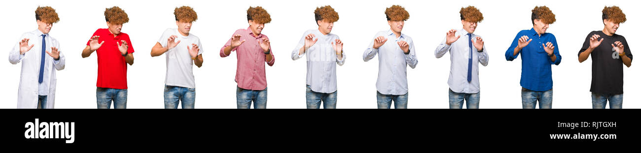 Collage of young man wearing different looks over isolated white ...